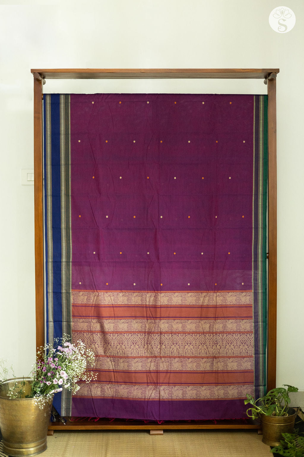 Cotton - Saree - Purple with Broad Neelam Blue and Green Border – Sondham